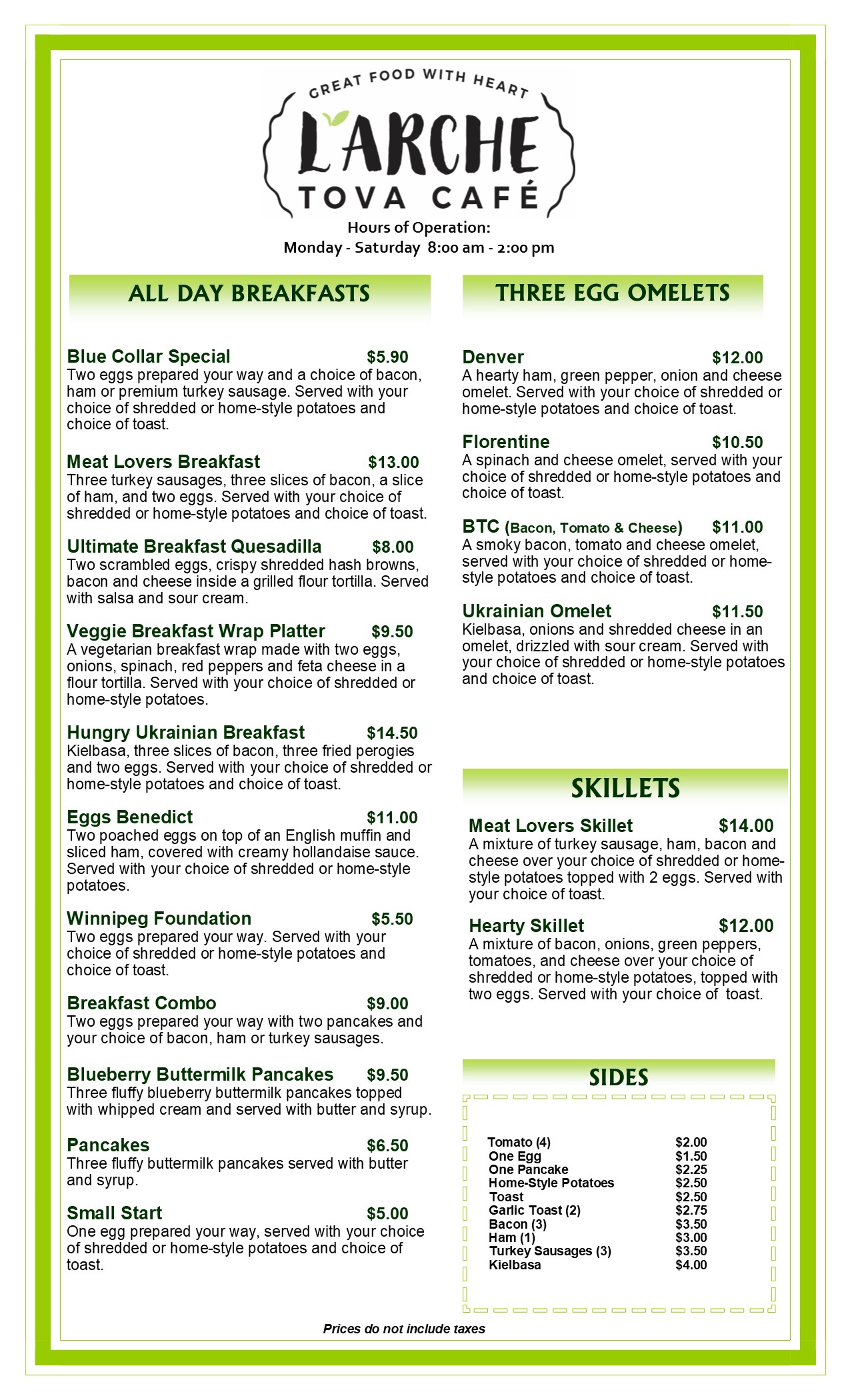 L'Arche Tova Cafe :: Cafe Menu